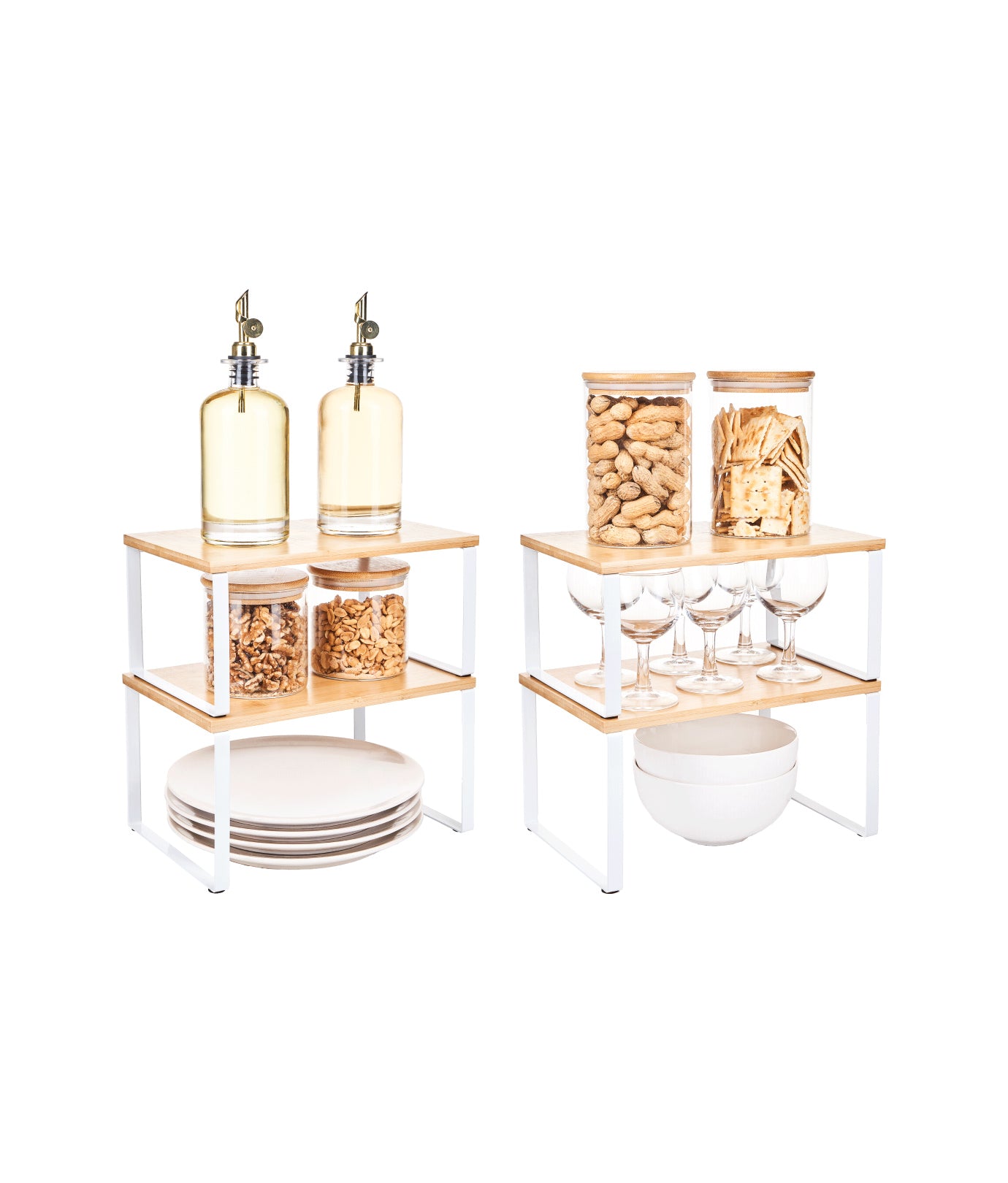 Set 4 rafturi modulare, etajabile, bambus, 4 moduri de utilizare