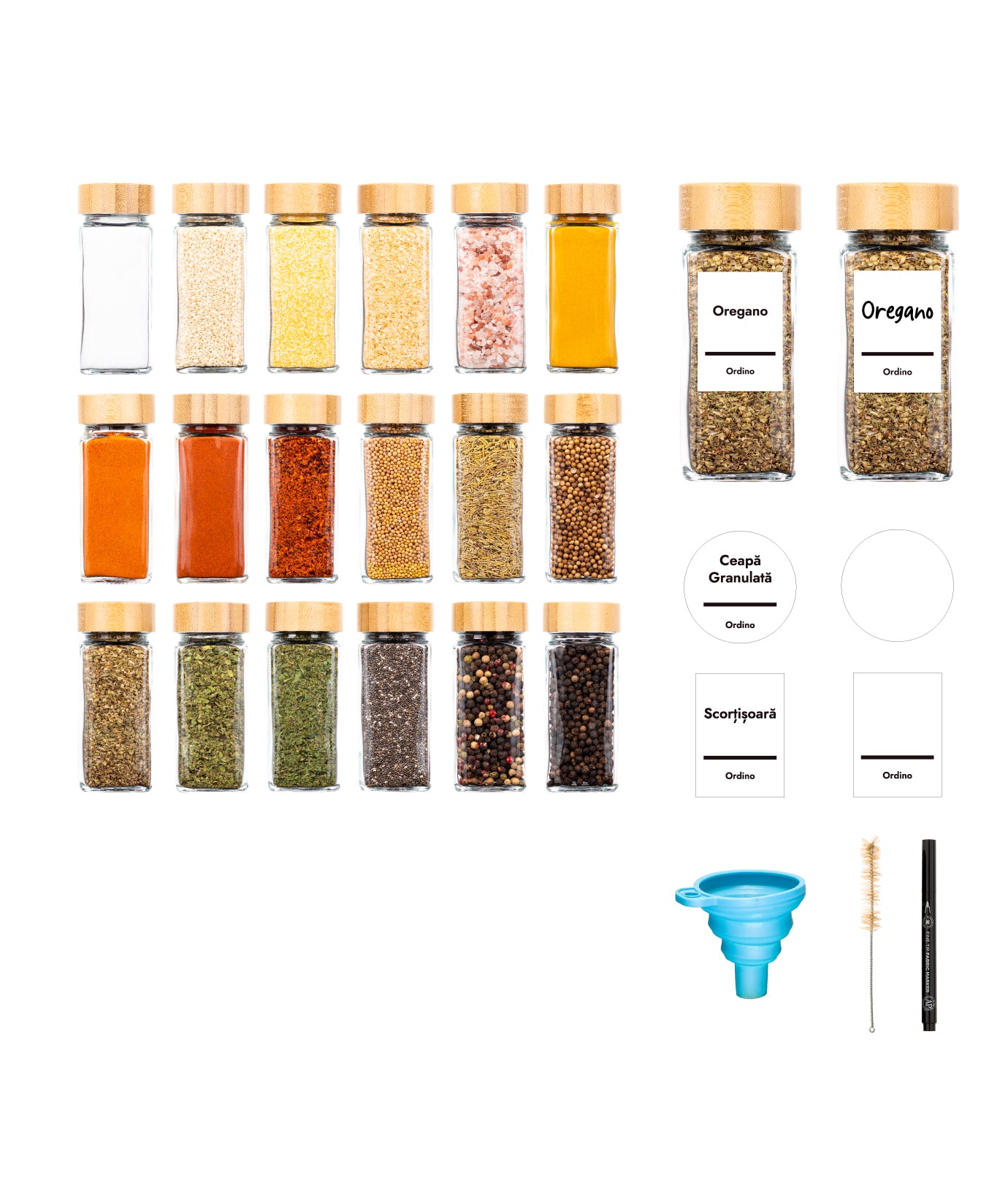Set 18 sticluțe condimente, capac bambus